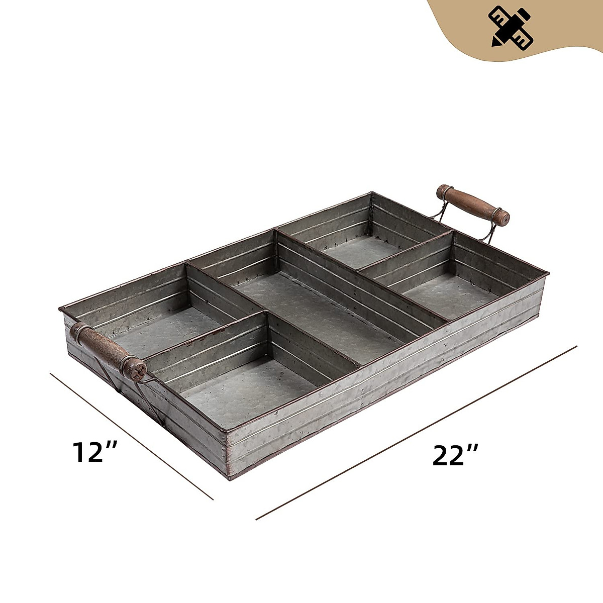 HOMPUS Galvanized Metal Storage Tray with Dividers Rustal Farmhouse Desk Organizer with Handle, Decorative Silverware Drawer Caddy with 5 Compartments for Home, Kitchen, Living Room or Office