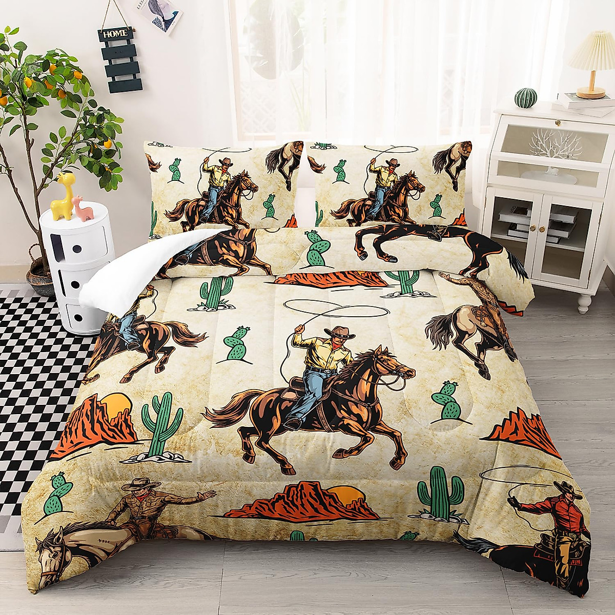 AILONEN Western Cowboy Comforter Set Twin Size, Rodeo Cowboy Riding Bull with Cacti Western Style Bedding Set for Girls Boys Girls,Ranch Jomon Bed in a Bag Duvet Set,1 Quilt and 2 Pillowcases,3PCS