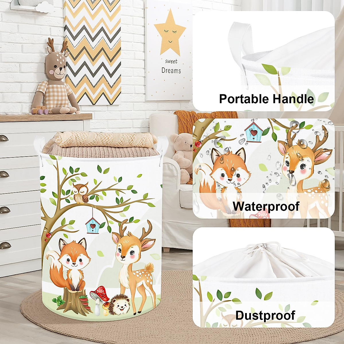 Clastyle 45L Large Forest Animal Kid Laundry Hamper with Handle for Boy Girl Collapsible White Fox Clothes Toy Storage Basket with Lid for Nursery