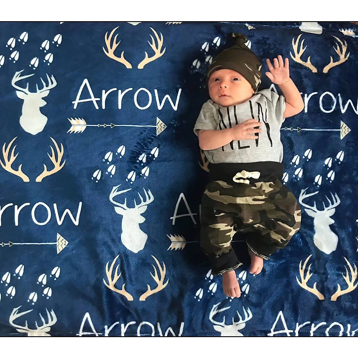 NAZENTI Custom Monogram Baby Blanket- Personalized Baby Blanket, Monogrammed Baby Blanket, Name Blanket, Deer Blanket, Antler Arrow Blanket, Woodland Blanket, Hunting Blanket (1)