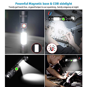 Flashlight USB Rechargeable, Magnetic LED Flashlight, Super Bright Tactical Flashlight with Cob Sidelight, 2000LM, Waterproof, Zoomable Best Small Flashlight for Camping, Emergency Flashlight