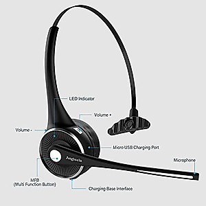 Trucker Bluetooth Angteela Headset with Microphone, Wireless Cell Phone Headset with Noise Canceling Mic Charging Base Mute Function for Home Office Call Center Skype