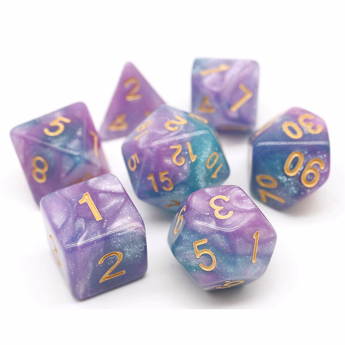 DND Dice Polyhedral 7-Die Dice Set for D&D Dungeons & Dragons Role Playing Gaming Night Sky dice with Glitter Purple Green…