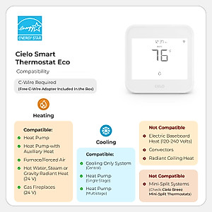 Cielo Smart Thermostat Eco | Energy Star Certified Thermostat | Supports Conventional Systems up to (2H/2C) & Heat Pumps (4H/2C) | Free C-Wire Adapter in Box | NOT for Mini Split Systems | (White)