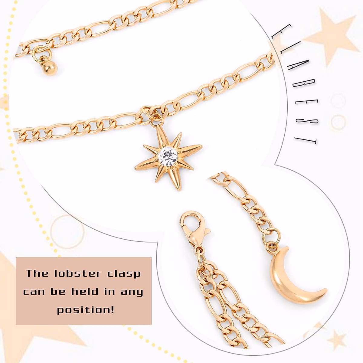 ELABEST Layered Bead Belly Chain Gold Star Waist Chains Rhinestone Body Chain Jewelry Accessories for Women and Girls (31.5+7.8inch)