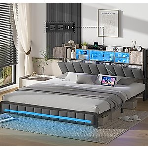 Queen Bed Frame with 3-Tier Headboard & 2 Hidden Storage, LED Lights Upholstered Bed Frame Queen Size with Charging Station, Platform Metal Bed Frame with Storage, No Box Spring Needed, Charcoal Gray