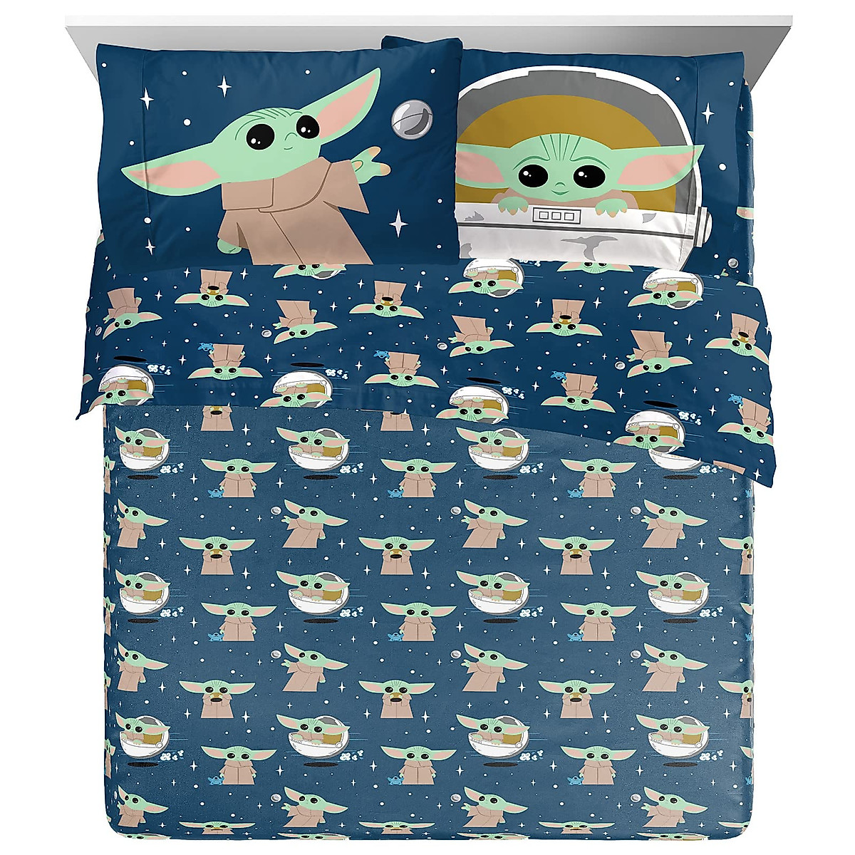 Jay Franco Star Wars The Mandalorian Hello Grogu Queen Size Sheet Set - 4 Piece Set Super Soft and Cozy Kid’s Bedding - Fade Resistant Microfiber Sheets (Official Star Wars Product)