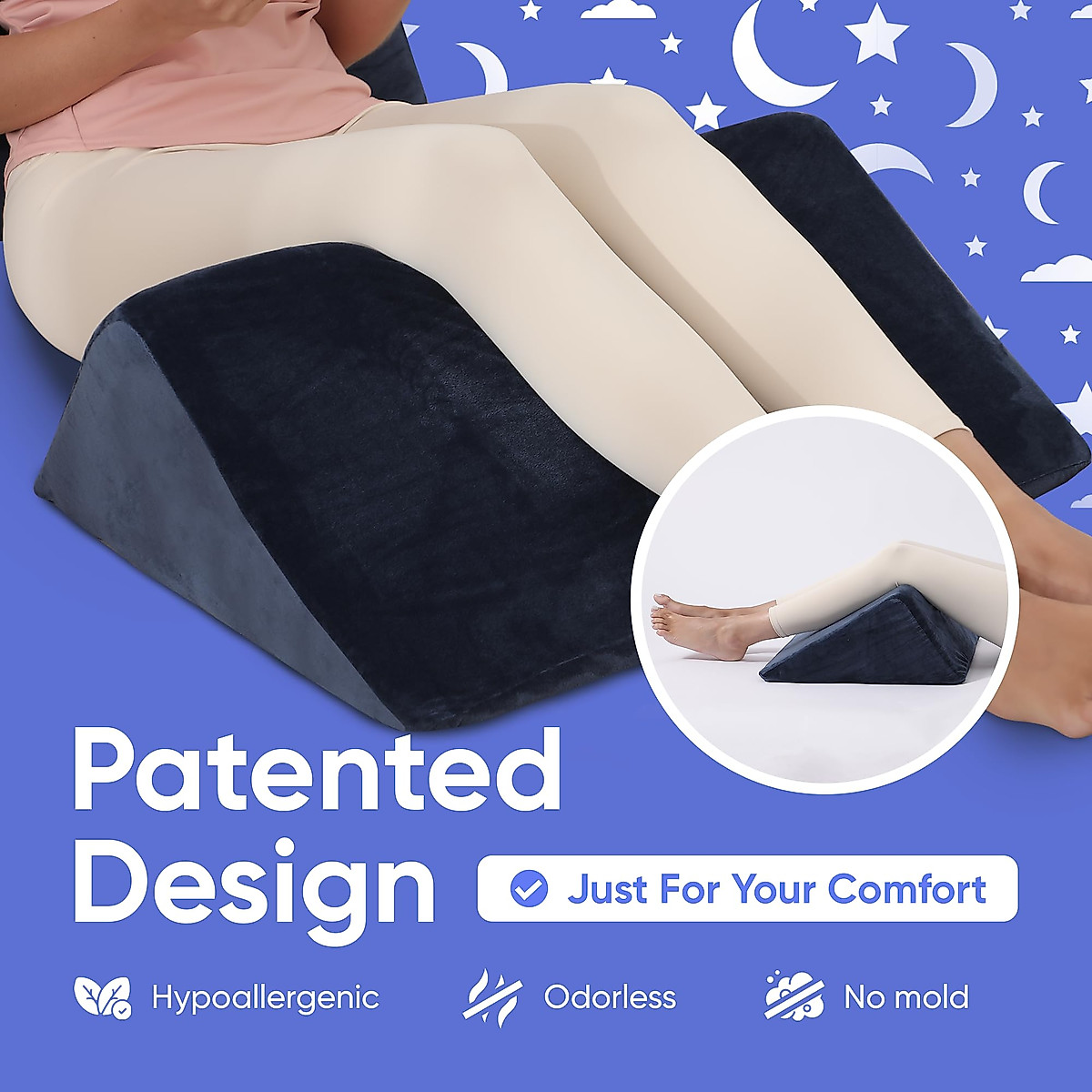 Bed Wedge Pillow – 2 Separate Memory Foam Incline Cushions, System for Legs, Knees and Back Support Pillow | Acid Reflux, Anti Snoring, Heartburn, Reading – Machine Washable, Navy