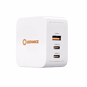 LEDVANCE 65W Smart Fast Charger with USB A / USB C Ports, 3 Device Compact Charger, Laptop / Tablet / Phone, Apple, Huawei, Samsung Compatible, White - 1 Pack (62372)