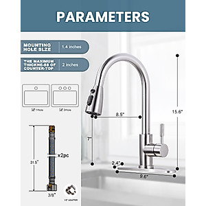 WOWOW Kitchen Faucet with Sprayer, Kitchen Sink Faucet, SUS 304 Stainless Steel, High Arc Single Handle Brushed Nickel Kitchen Faucets with Pull Down Sprayer, Pull Out Kitchen Faucet with Deck Plate