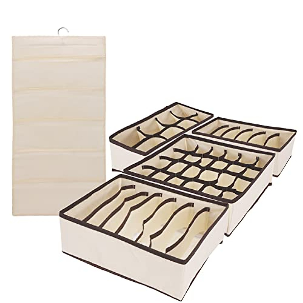 5pcs Underwear Drawer Organizers Divider Foldable Cabinet Closet Hanging Bag, Wardrobe Storage Box for Clothes, Socks, Ties, Belts(Beige)