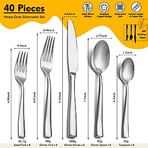 Heavy Duty Silverware Set for 8, EIUBUIE 40 Piece Stainless Steel Flatware Cutlery Set, Durable Kitchen Eating Utensils Tableware Sets Including Fork Spoon Knife Set, Mirror Polished, Dishwasher Safe