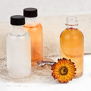 Rionisor 2OZ Small Glass Bottles with Lids and Funnels, 60ml Boston Round Glass Bottles, Perfect for Diy Essential Oils, Perfumes, Whiskey and Juices, 6 Pack Clear