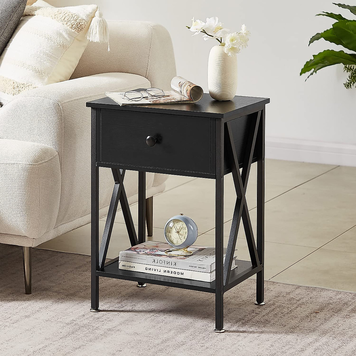 VECELO Modern Side End Table, Nightstand Storage Shelf with Bin Drawer for Bedroom, Lounge