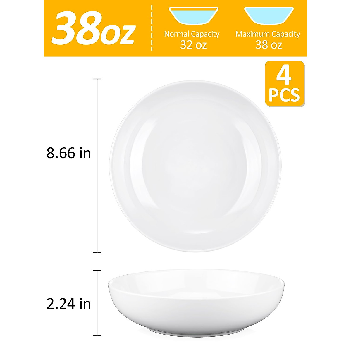 Yedio Pasta Bowls, 38 Ounces Porcelain Salad Bowls for Kitchen, Shallow Pasta Bowls Set, White Soup Bowls, Oven Dishwasher Safe, Set of 4