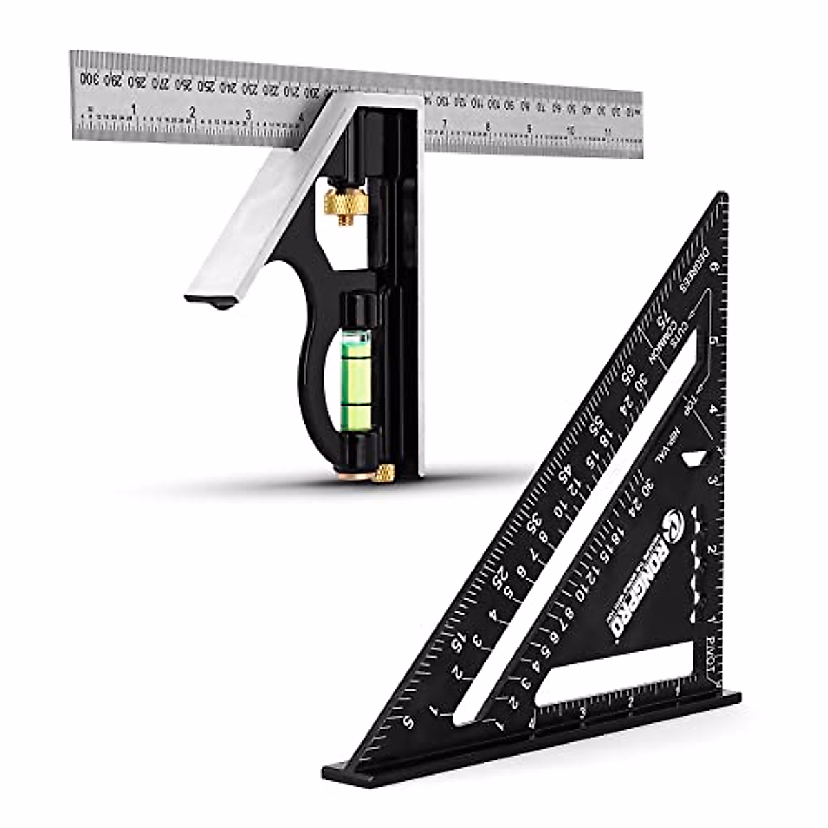 RONGPRO Rafter Square and Combination Square Tool Set, 7 Inch Triangle Carpenter Square Die-cast Aluminum Alloy and 12 Inch Zinc-Alloy Die-Casting Combo Square Ruler - Rafter Square Layout Tool