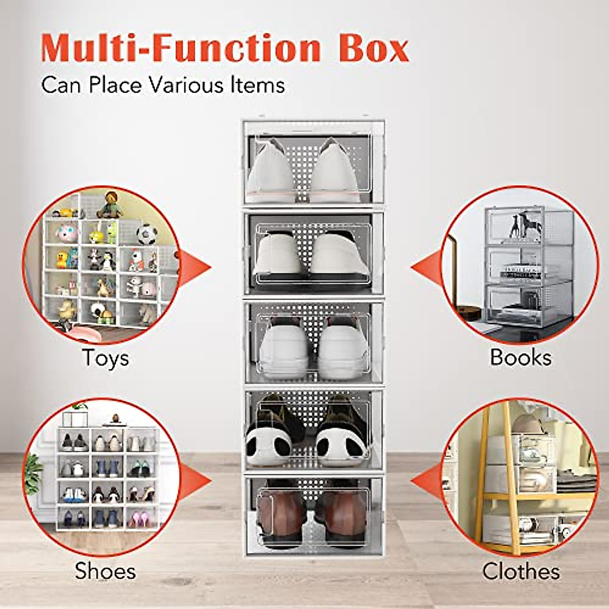 Stackable Shoe Storage Boxes, WAYTRIM 12 Pack Shoe Organizer for Closet Shoe Boxes Clear Plastic Stackable Shoe Bins Space Saving Sneaker Storage Boxes Drop Front Shoe Container Bins Fit to Size 10 - Clear White