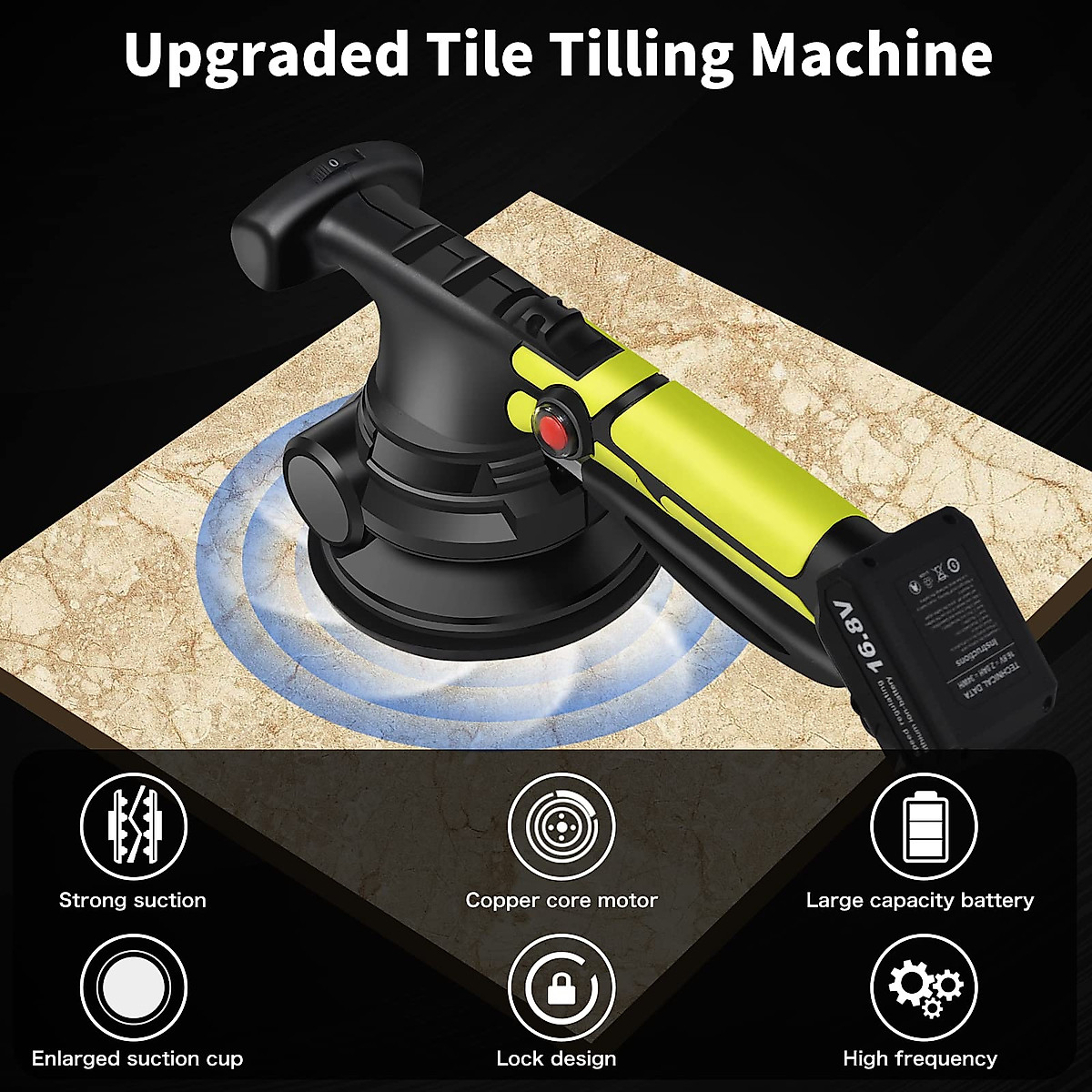 BINGENUO 2000mAh Tile Vibration Tool - 5 Gears Handheld Tile Vibrator Tiler Automatic Leveling Machine with 5.3 inch Suction Cup (2 Batteries), Angler Ruler