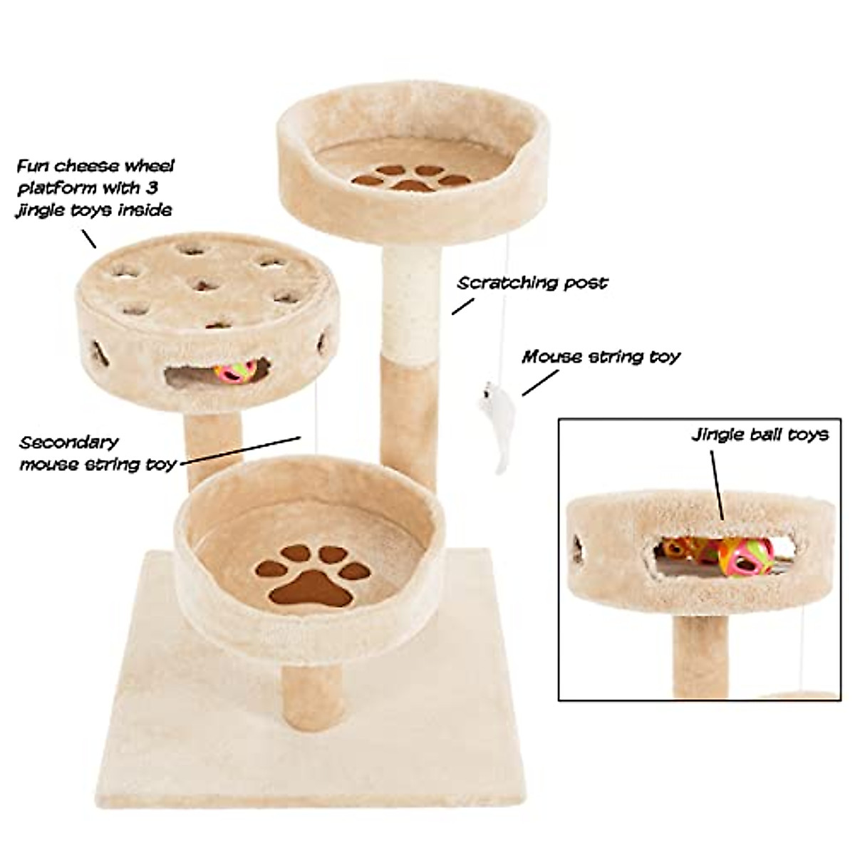 PETMAKER 3-Tier Cat Tower Collection - 2 Carpeted Napping Perches, Sisal Rope Scratching Post, Hanging Mouse, and Interactive Cheese Wheel Toy