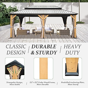 Domi 12' X 20' Wood Gazebo, Cedar Frame Hardtop Gazebo with Galvanized Steel Double Roof, Netting & Curtains, Patio Pergola Pavilion for Patio, Backyard, Deck, Lawns