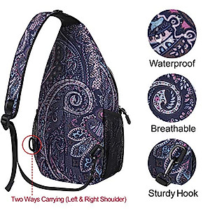 MOSISO Sling Backpack,Travel Hiking Daypack Pattern and Fan-shaped Rope Crossbody Shoulder Bag, Navy Blue Base Totem Texture&Black