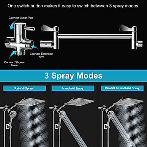 Shower Head, High Pressure Rainfall Shower Head with 11" Adjustable Extension Arm and 9 Settings Handheld Showerhead Combo with Holder, Retractable 59" Hose, Flow Regulator, Chrome (12 Inch1, Chrome)
