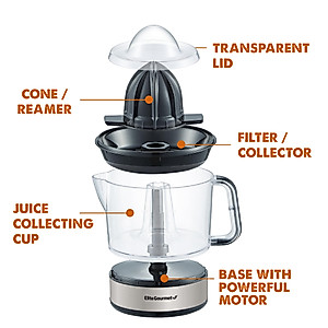 Elite Gourmet ETS623 BPA-Free Electric Citrus Juicer, Compact, Large Volume, Pulp Control, Oranges, Lemons, Limes, Grapefruits with Easy Pour Spout, 24oz, Black/Stainless Steel