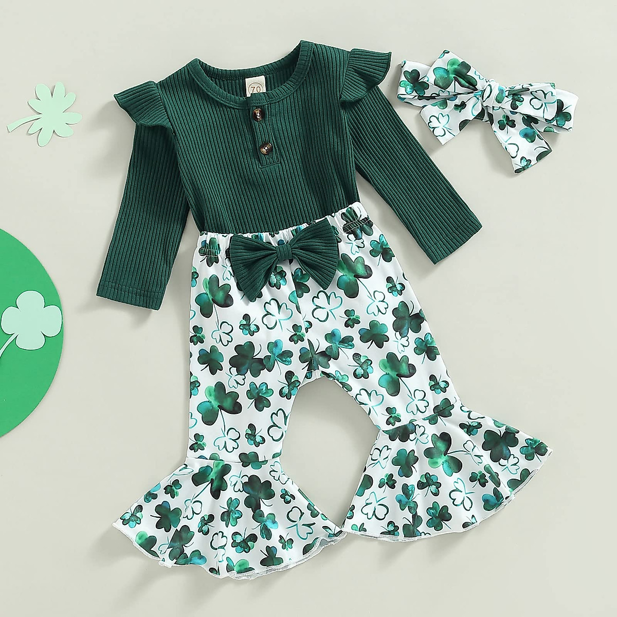 Infant Toddler Baby Girl St Patricks Day Outfits Long Sleeve Romper Green Bodysuit Clover Flare Pants Headband 3Pcs (Clover Green, 0-3 Months)
