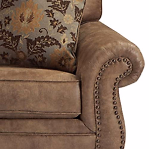 Signature Design by Ashley Larkinhurst Faux Leather Queen Sofa Sleeper with Nailhead Trim and 2 Accent Pillows, Brown