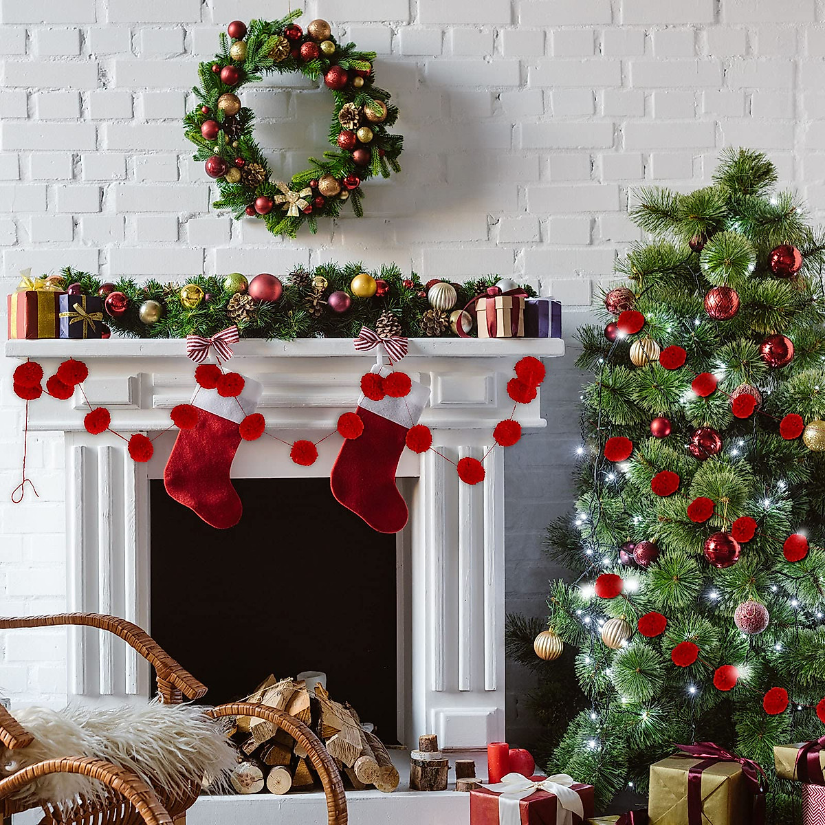 Tatuo 79 Inch Pom Pom Garland Christmas Hanging Garland Felt Ball Garland 48 Balls 2.4 Inch Christmas Tree Decoration for Wall Room Festival Wedding Birthday Xmas Party Decorations (Red)
