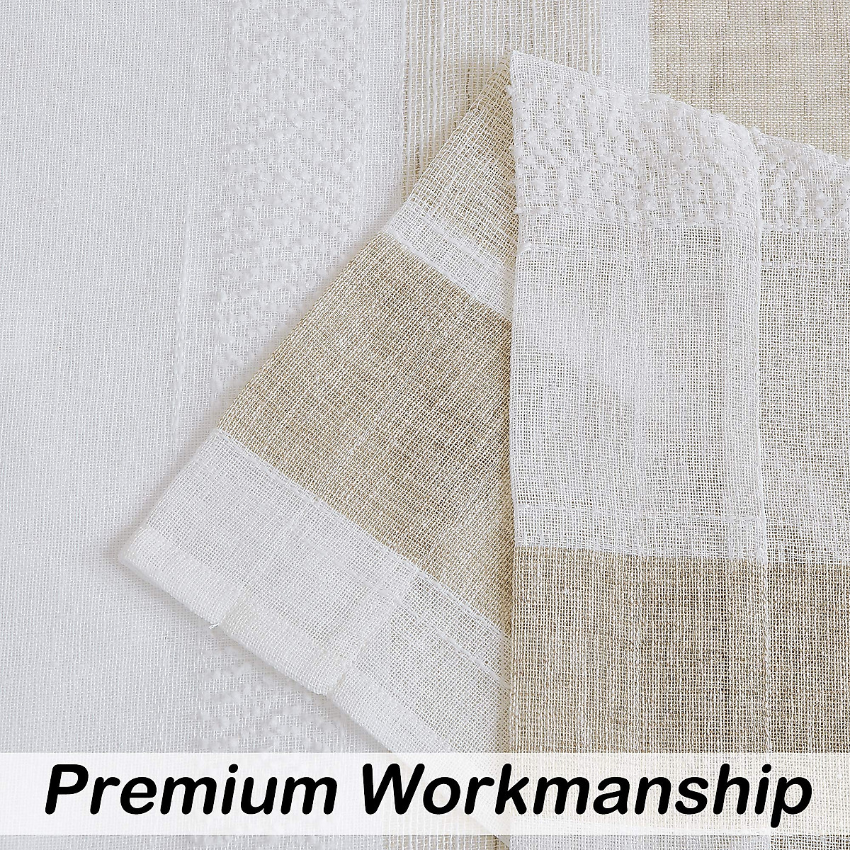 Central Park Beige and White Kitchen Window Curtain Tiers Vertical Stripe Sheer Boucle Linen Window Curtain, Living Room Decorative Rod Pocket Rustic Living 2 Panels (28" W x 45" L)