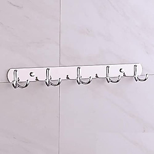 Juvielich Dual Prong Coat Hooks Wall Mounted Coat Hook with Adjustable Hooks for Hats Cloths Rack, Stainless Steel, 5 Hooks 450mm/17.72" Silver Colored Polished Finish,1 Pcs