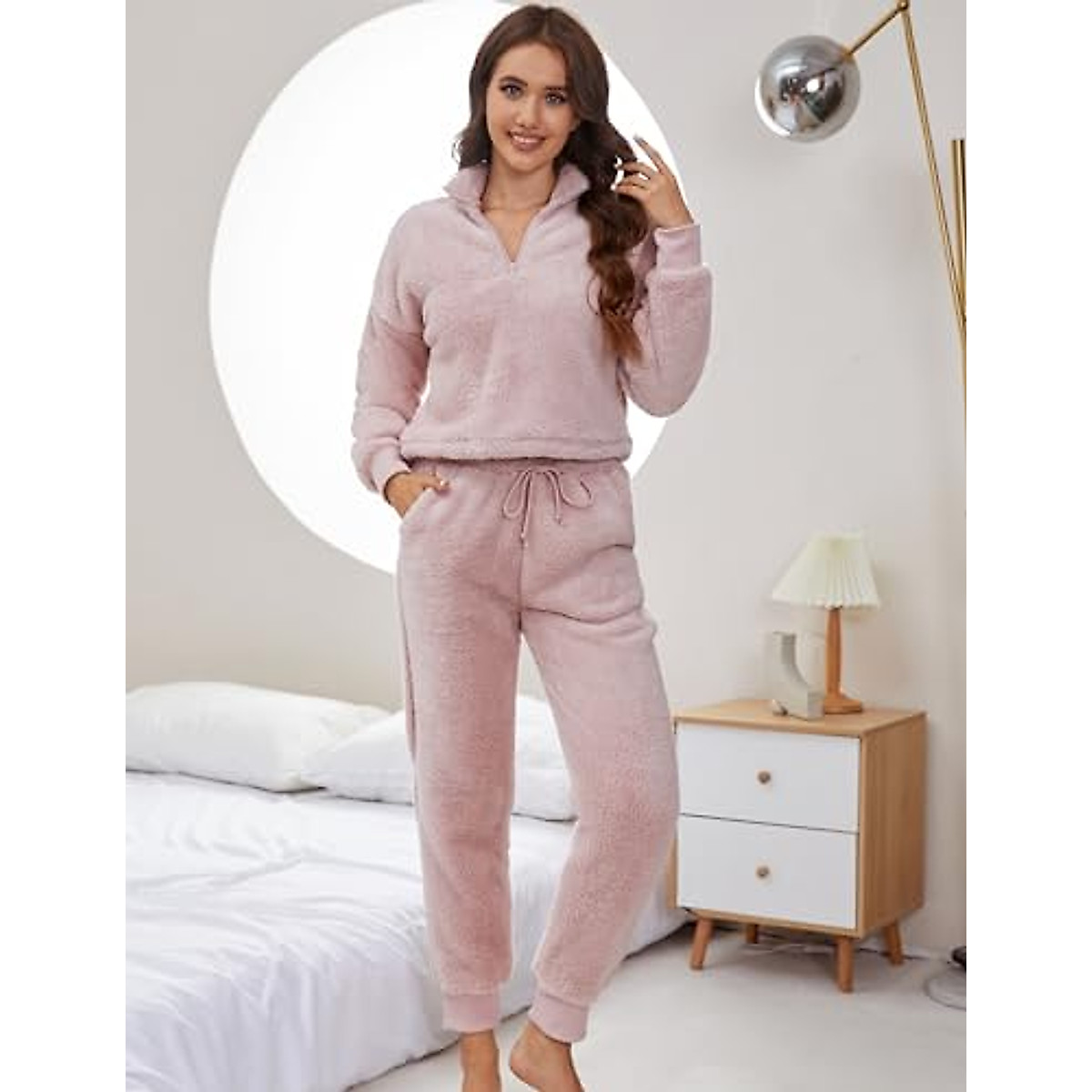 TAQCUX Womens Winter Pajamas Sets Soft Comfy Fleece Pullover Sherpa Pants Fuzzy 2 Piece Pjs Set Cute Warm Loungewear(Mauve-S)