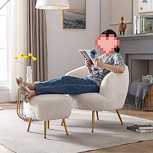 LukeAlon Sherpa Accent Chair with Ottoman Set, Upholstered Round Back Living Room Chair with Footrest Comfy Sofa Chair with Golden Metal Legs Elegant Barrel Chair for Reading Room, White