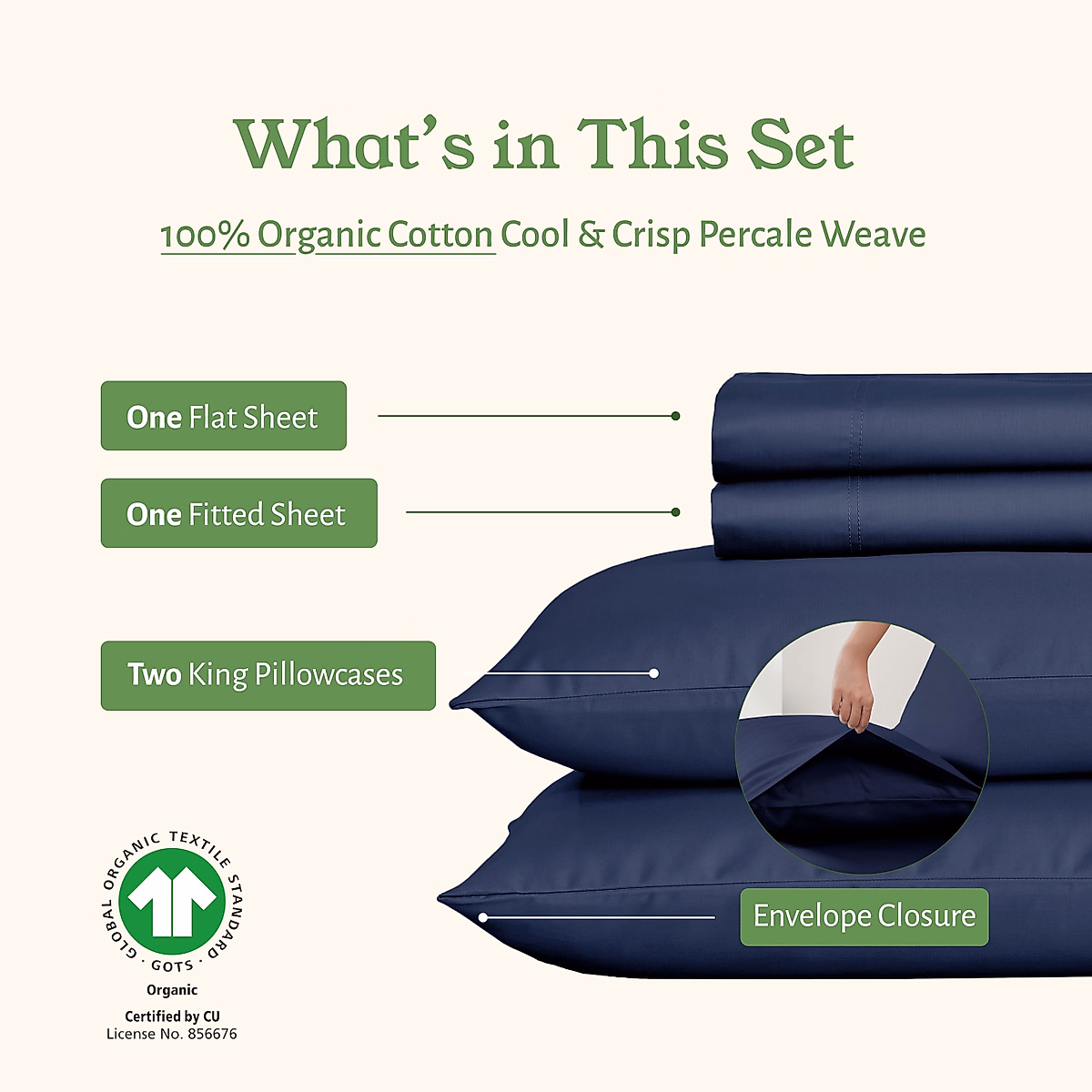 California Design Den 100% Organic Cotton Sheets King Size Set - Crisp Percale Deep Pocket Sheets, GOTS Certified, Cool and Durable Bedding Set - Navy Blue