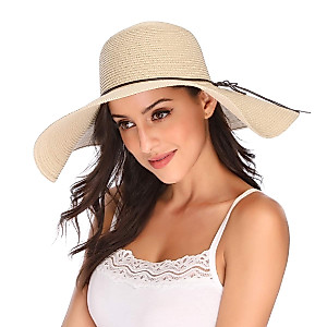 Lanzom Womens Wide Brim Straw Hat Big Floppy Foldable Roll up Cap Beach Sun Hat UPF 50+(String-Beige)