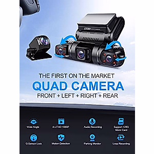 PRUVEEO Dash Cam, 4 Channel Camera FHD 1080Px4, Front, Left, Right and Rear, Front and Rear Inside, GPS, 256 GB Max, Free 128GB Micro SD Card, D90-4CH
