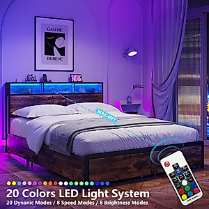 furomate Bed Frame Queen Size Metal Bed Frame with Storage Headboard and 4-Drawers, Platform Bed Frame with LED Light & Charging Station, No Box Spring Needed, Rustic Brown