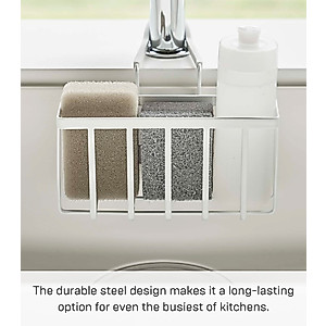 YAMAZAKI Home Faucet-Hanging Sponge Caddy Kitchen Sink Dish Soap Bottle Brush Scrubber Organizer Holder, Metal with Silicone Protection | Steel, One Size, White