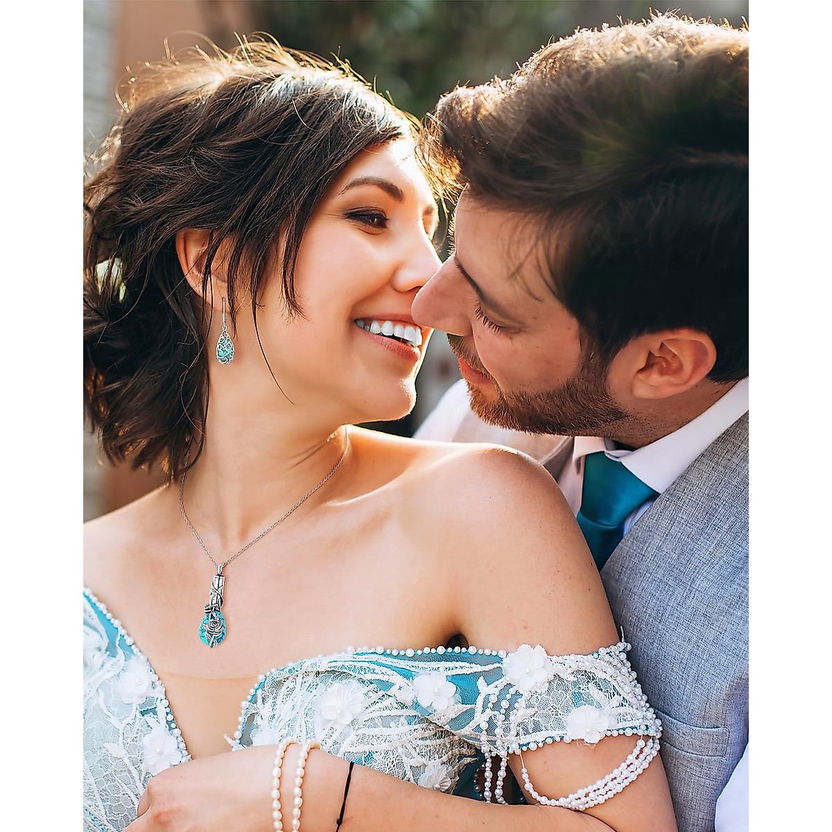 BDL Turquoise Necklace - Sterling Silver Rose Teardrop Naturl Turquoise Cylinder Pendant Necklace, Boho Necklace, Western Jewelry for Wife or Mom, 18"…