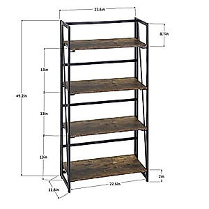FurnitureR 4-Tier Bookcase Folding Bookshelf Home Office Industrial Bookcase with Metal Frame No Assembly Storage Shelves Vintage Flower Stand Rustic Book Rack Organizer, 23.6 X 11.8 X 49.2 Inches