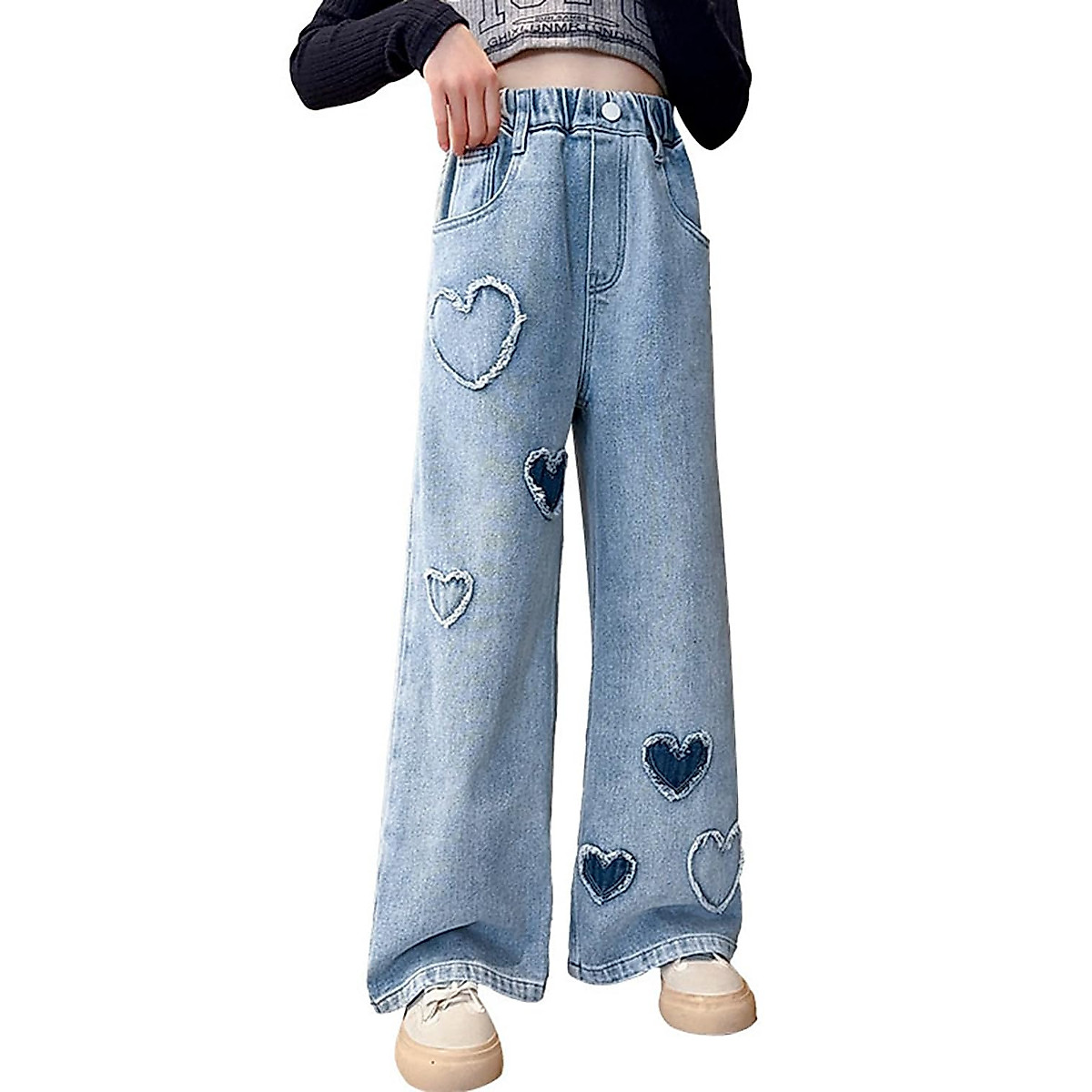 AOWKULAE Girls Heart Print Baggy Jeans Stretch Waist Wide-Leg Jeans, A2-Blue Heart, 13-14 Years = Tag 170