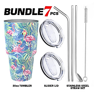 Pandaria 30oz Insulated Tumblers with Lids and Straws, Double wall Stainless Steel Tumbler with straw, Reusable Spill Proof Tumbler, Perfect for Iced Coffee, Tea & More- Flamingo