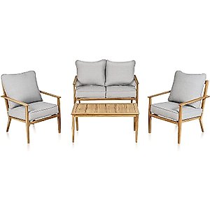 SUNCROWN 4-Piece Outdoor Patio Sofa Furniture Set Heavy Duty Conversation Set, Metal Frame Armchairs Loveseat Set with Grey Cushions and Coffee Table, Grey
