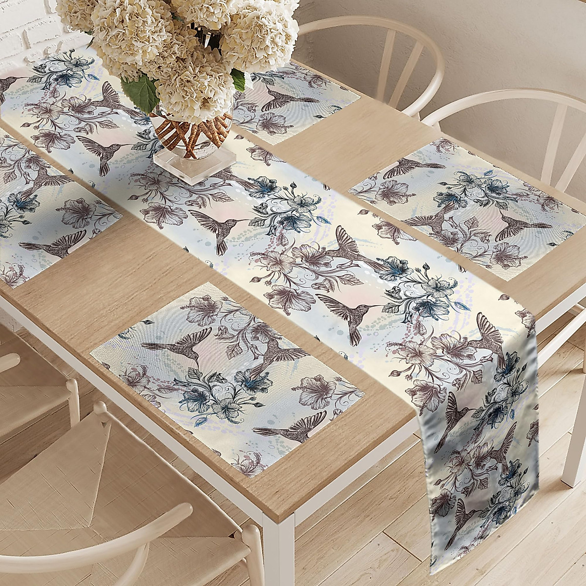 Ambesonne Hummingbird Table Runner & Placemats, Birds and Hibiscus Flowers Nostalgia Antique Design Classical Print, Set for Dining Table Decor, Placemat 4 pcs + Runner 16"x72", Teal Brown