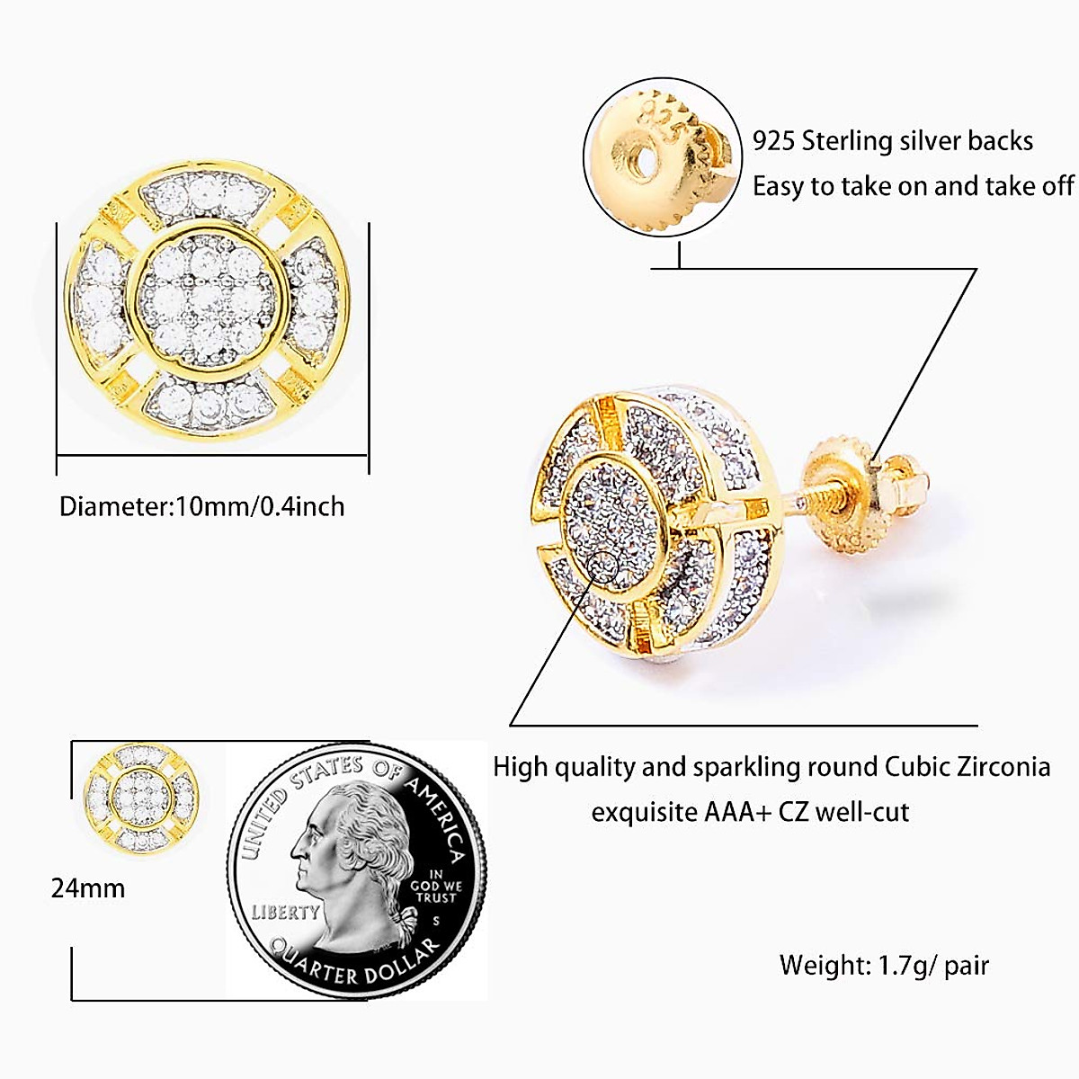 TOPGRILLZ Screw Back Earrings 14K Gold Plated 5A+ Cubic Zirconia Cluster Round Screw On Stud Earrings For Men Women Aretes De Hombre-Small Gold Plated
