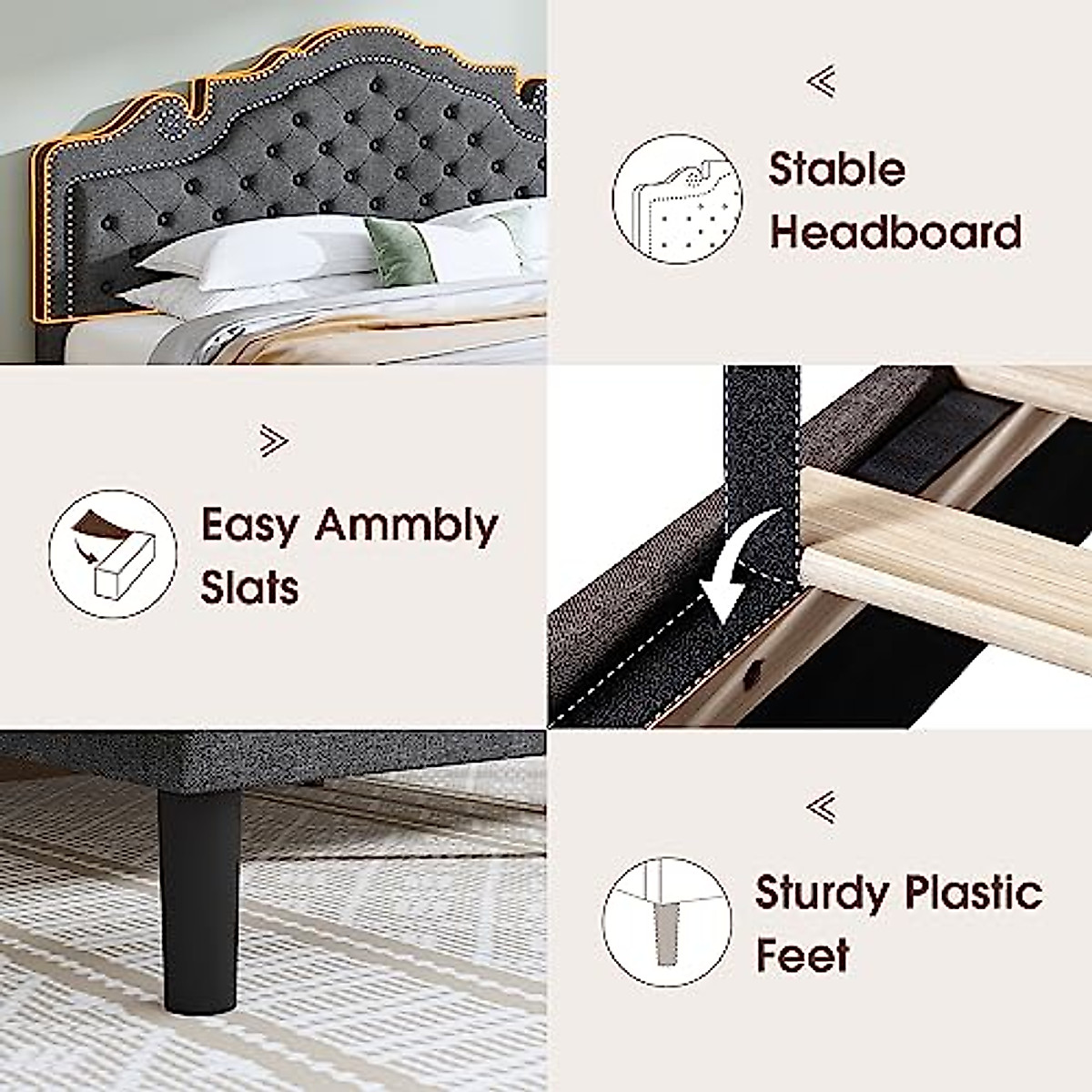 WEEWAY King Bed Frame with Tiara Curved Headboard and High Resilience, Linen Fabric Upholstered Diamond Button Tufted Platform Bed with Wood Slats/No Box Spring Needed/Easy Assembly/Dark Grey
