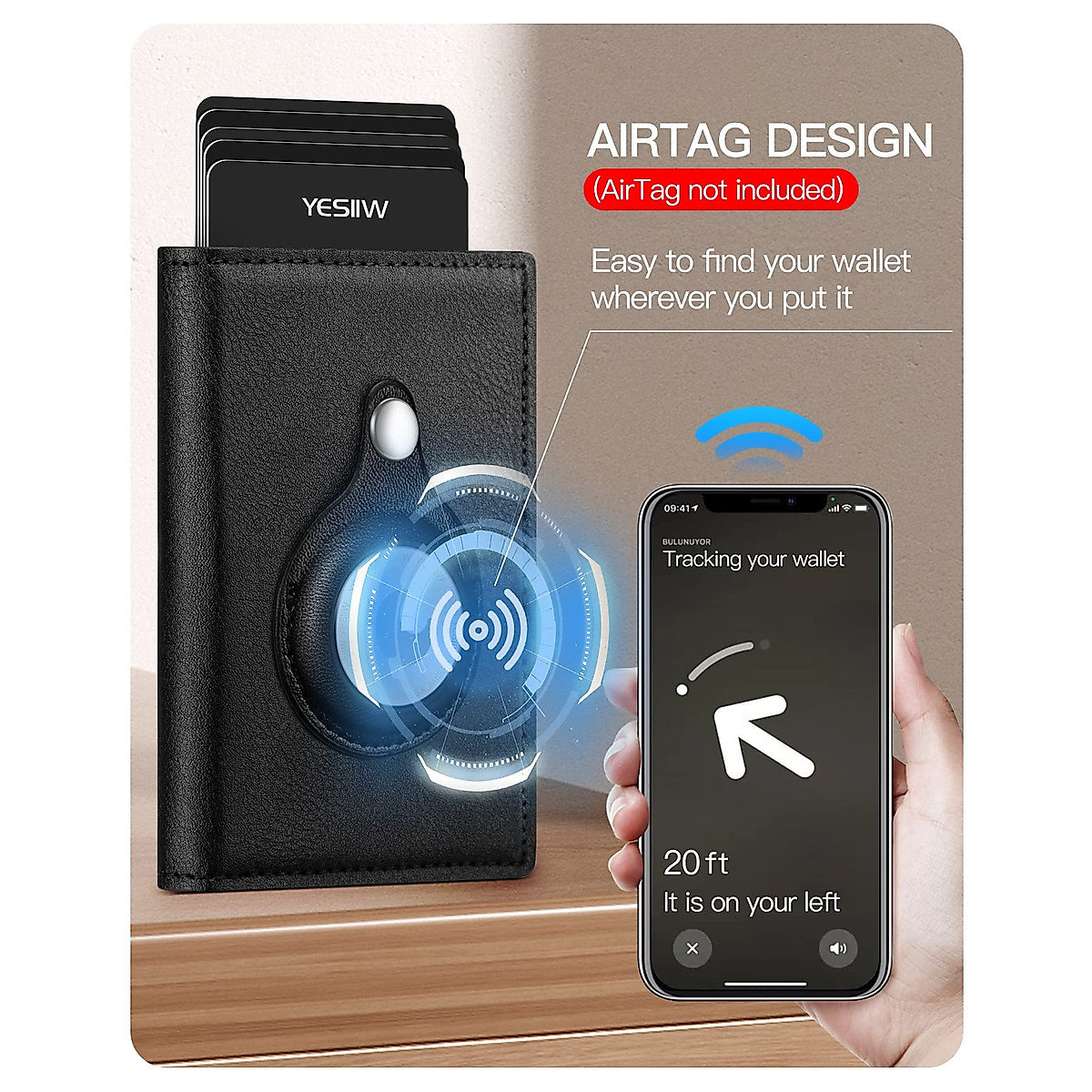 YESIIW AirTag Wallet for Men - RFID Protected, Premium Space Aluminum and Quality Leather, Black