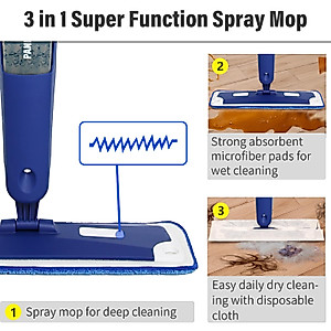Mop for Multi-Purpose Floor Premium Spray Mop, 18 inch Professional Hardwood Wet and Dry Cleaning Mops with 3 Resuable Pads and Refilled Bottle, Blue