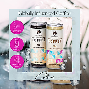 Culturi Organic Canned Coffee - All Natural Non-GMO Cold Brew Coffee with Whole Milk and Cane Sugar - Cafe Con Leche - Preservative Free, Shelf Stable, Best Served Cold (12 Pack of Cans)